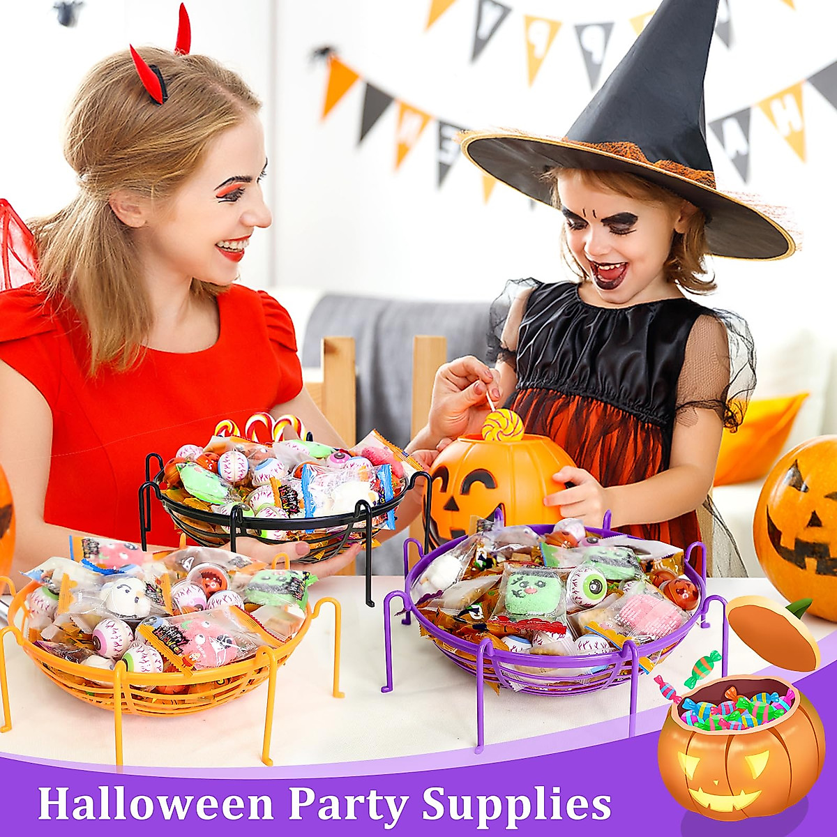 TURNMEON 6 Pcs 12.2 Inch Large Size Halloween Candy Bowls, Spider Web Bowls Halloween Decorations Black Orange Purple Halloween Bowls Trick Or Treat Halloween Candy Dish Party Table Desk Home Decor