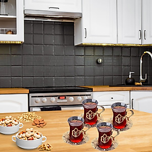 LaModaHome Vintage Handmade Turkish Tea Glasses with Saucer and Holders, Ottoman and Arabic Cups Set of 6 for Serving Guests, Teatime, Dinner, Housewarming Gifts, Events, Parties, Tableware - Gold