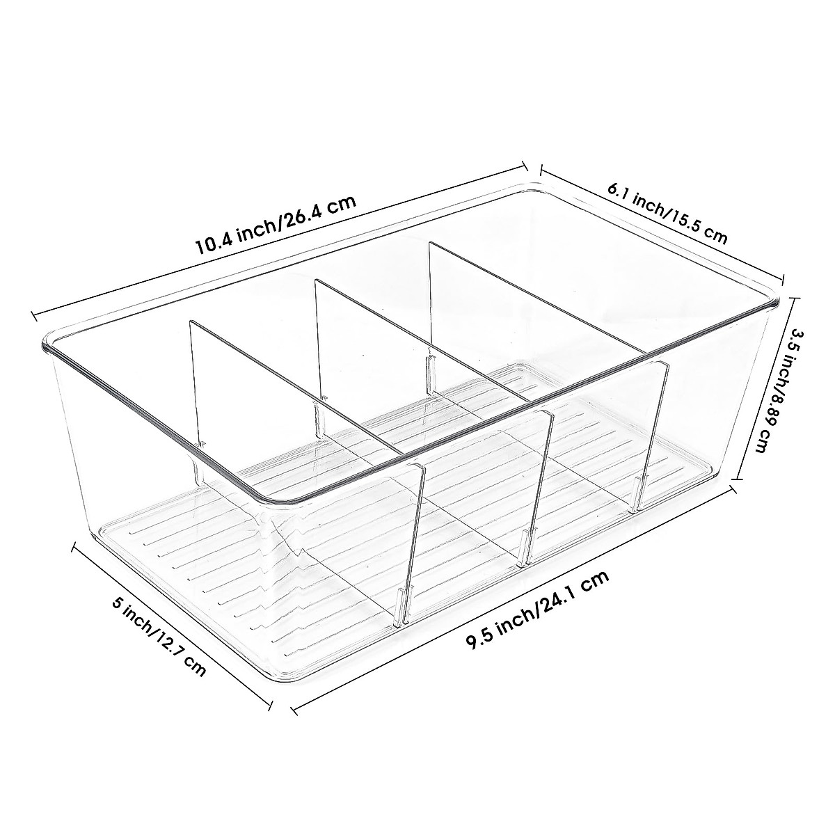 Tesdluy 4 Pack Refrigerator Organizer Storage Bins,3 Removable Dividers Clear Food Grade Plastic Stackable, Easy Pantry Organization for Kitchen, Cabinet, Fridge ﻿