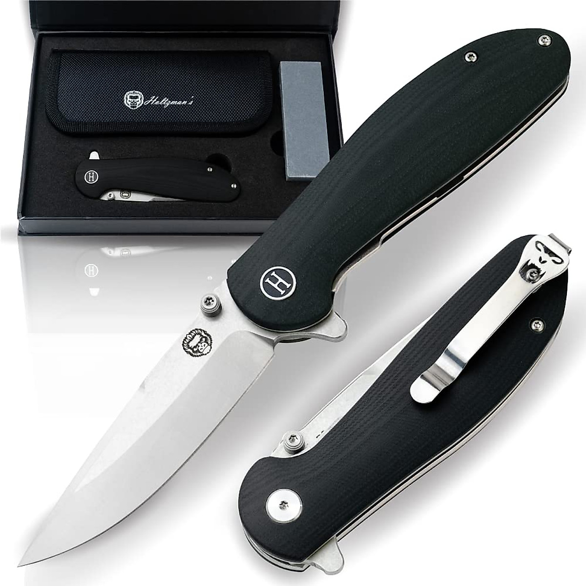 Holtzman's Gorilla Survival 'Straightback' Folding Knife featuring D2 Steel Blade and G10 Tactical Handle in Gift Box Set (Silver+Black)
