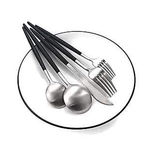 Gugrida Black Silver Flatware, Royal 5 Piece Matte Black Handle 18/10 Stainless Steel Tableware Sets for 1 Including Forks Spoons Knives, Camping Silverware Travel Utensils Set Cutlery Black/Silver