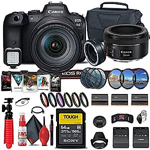 Canon EOS R6 Mirrorless Digital Camera with 24-105mm f/4L Lens (4082C012) + Canon EF 50mm Lens + Mount Adapter EF-EOS R + 64GB Tough Card + Color Filter Kit + Case + Filter Kit + More (Renewed)