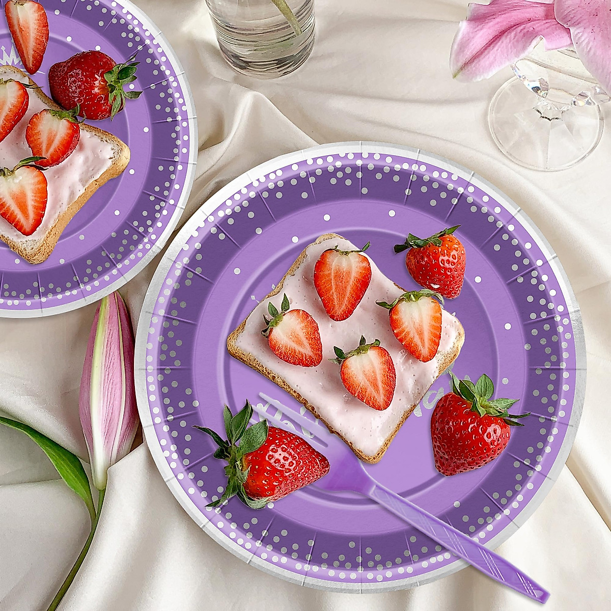 96 Pieces Purple and Silver Birthday Plates and Napkins Party Tableware Set with Happy Birthday Party Decorations,Paper Plates,Napkins and Forks for 24 Guests