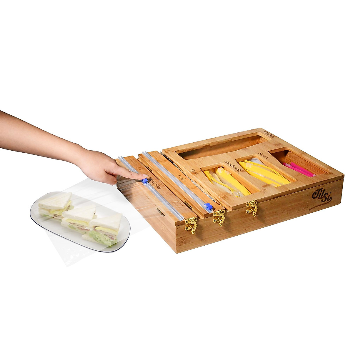 TILSI Storage Bag Organizer, Plastic Wrap Organizer and Dispenser with Cutter for Kitchen, Compatible with Gallon, Quart, Sandwich and Snack Variety Size Bag