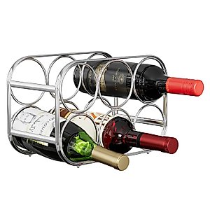 Buruis 6 Bottle Countertop Wine Rack - Freestanding Modern Metal Small Wine Rack - Tabletop Wine Holder Stand for Cabinet, Pantry, and Kitchen Decor - No Assembly Required - Silver