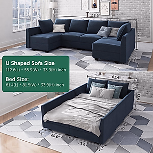 HONBAY Convertible Sectional Sofa Velvet U Shaped Couch with Reversible Chaise Modular Sectional Couch 6 Seater Sofa with Storage Seat, Dark Blue