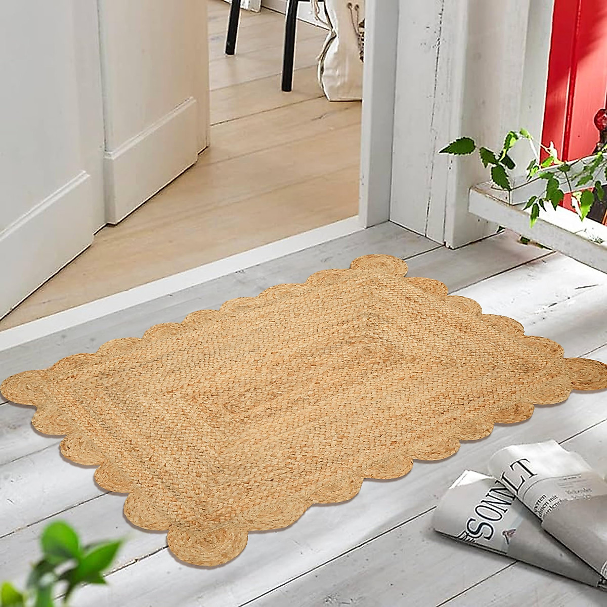 Hand Woven Area Rug Braided Jute Scalloped Border, Decor Collection Classic Quality Made for Living Room, Kitchen, 2x3' - Natural