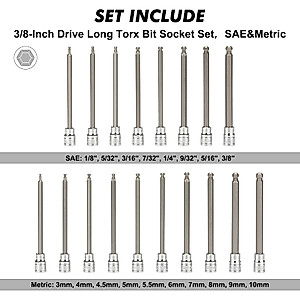 CASOMAN 3/8"Drive Extra Long Ball-End Hex Bit Socket Set, 18 Piece Allen Socket Set, Metric & SAE, 3mm to 10mm, 1/8" to 3/8", CR-V and S2 Steel
