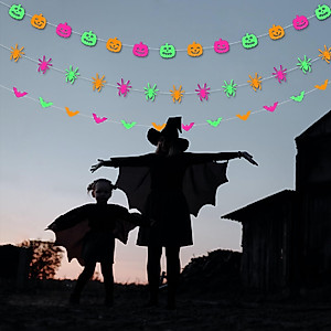 Halloween Party Decorations Neon Banner - 3pcs Glow in The Dark Paper Pumpkin Bats Spiders Hanging Swirls Streamers,Window Fireplace Room Ceiling Garland, Baby Shower Birthday Supplies Decor Panduola