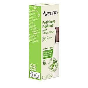 Aveeno Positively Radiant Daily Facial Moisturizer with Broad Spectrum SPF 30 Sunscreen & Soy, Improves Skin Tone & Texture, Hypoallergenic, Oil-Free & Non-Comedogenic, 2.3 Fl. Oz