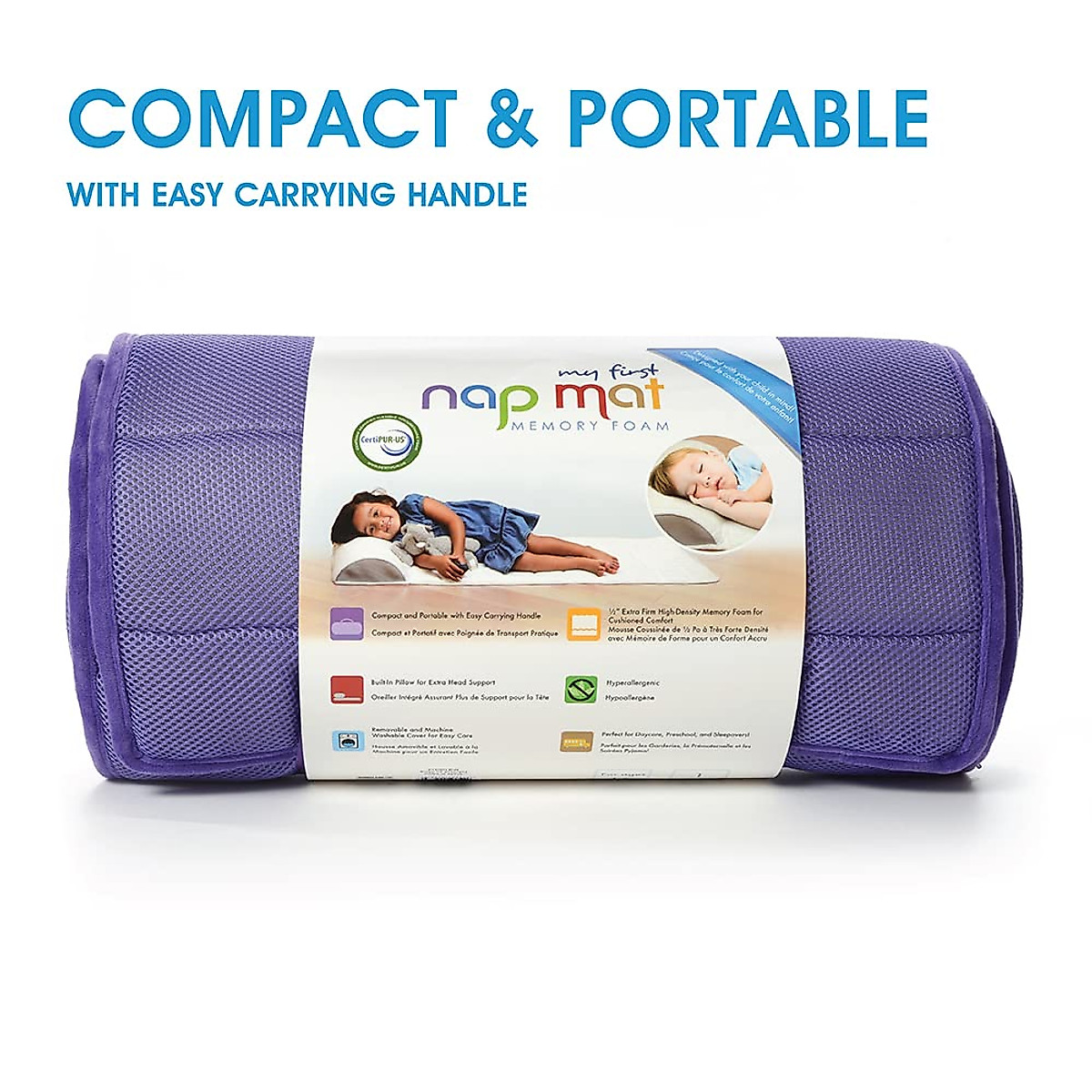 My First - Toddler Nap Mat, Memory Foam Sleeping Mat with a Removable Pillow, Portable and Compact, ‎21 x 9.5 x 1 inch, Purple, Pack of 1