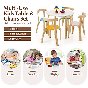 Costzon Kids Table and Chair Set, 5-Piece Wooden Activity Table w/ 4 Chairs, Toy Bricks, Classroom Playroom Daycare Furniture for Playing, Drawing, Reading, Bentwood Toddler Table & Chairs (Assorted)