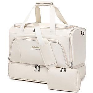 Makukke Weekender Overnight Bag for Women, Large Travel Carry on Duffle Bag with Shoe Compartment & Toiletry Bag, Sports Tote Gym Bag, Beige Weekender Bag