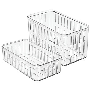 mDesign Plastic Kitchen Refrigerator Produce Storage Organizer Bin with Open Vents for Air Circulation - Food Container for Fruit, Vegetables, Lettuce, Cheese, Fresh Herbs, Snacks - Set of 2 - Clear