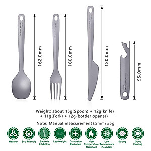 iBasingo Titanium Knife Fork Spoon Bottler Opener Tableware Set 4 in 1 Storage Design Protable Lightweight Cutlery for Outdoor Camping Kitchen CJ-Ti1066T