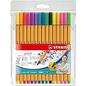 STABILO Fineliner point 88 - Wallet of 15 - Assorted colors incl 5 Neon colors