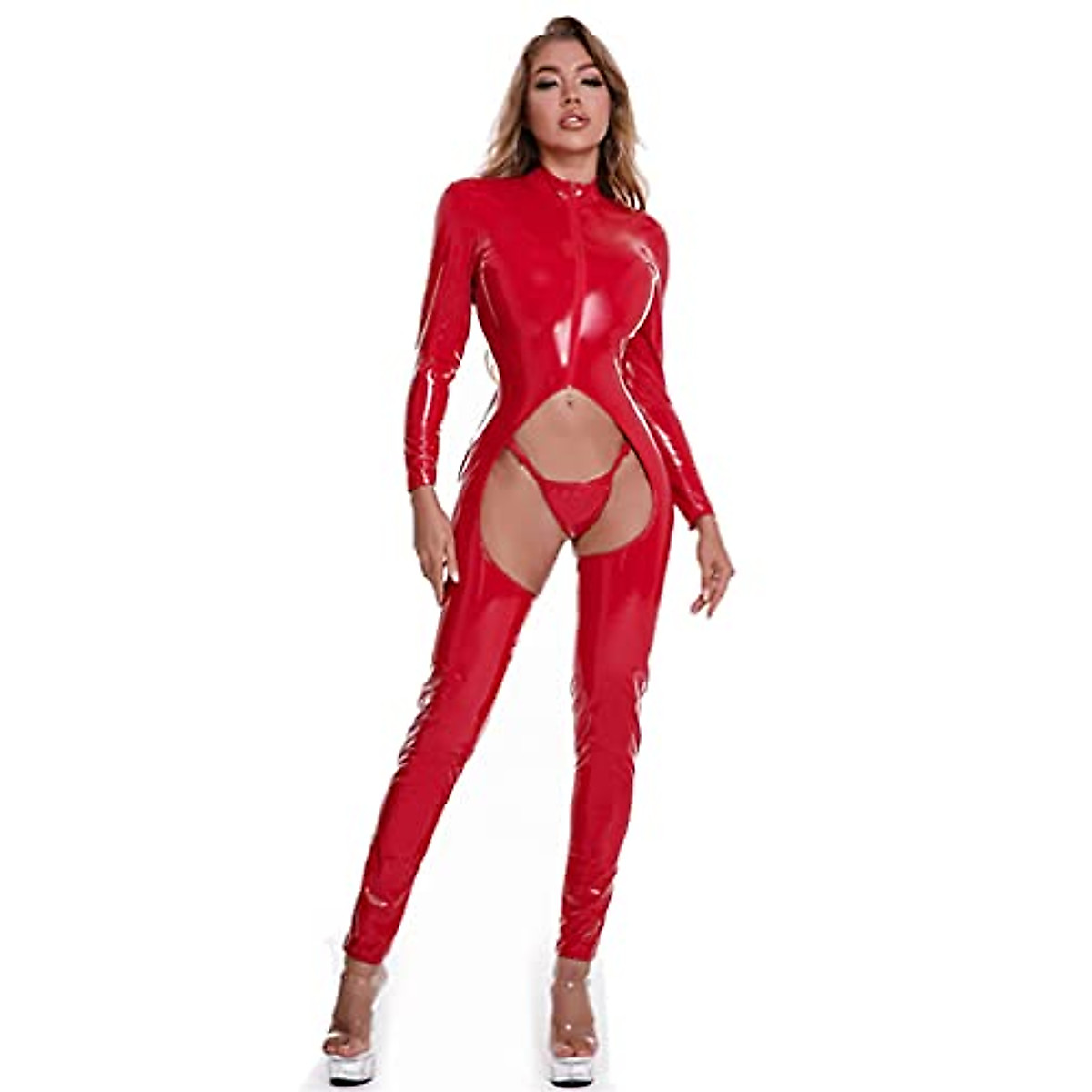 ACSUSS Women Sexy Hollow Out Latex Catsuit PVC Exotic Costume Lingerie Full Bodysuit Clubwear Overalls 2# Red 3X-Large