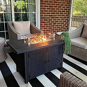 YITAHOME 43 Inch Propane Fire Pit Table and Resin Wicker Base, 50,000 BTU Gas Fire Pit with Ignition Systems, Iron Tabletop, Fire Glass Beads, Cover, Lid Hanger, Rectangle Outdoor Firetable for Patio