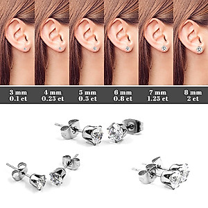 ComaZoo 14K Gold Stud Earrings for Women Men, Hypoallergenic Stainless Steel Stud Earrings Set with Simulated Diamond Cubic Zirconia 3-8mm (6 Pairs)… (white gold with balck CZ)