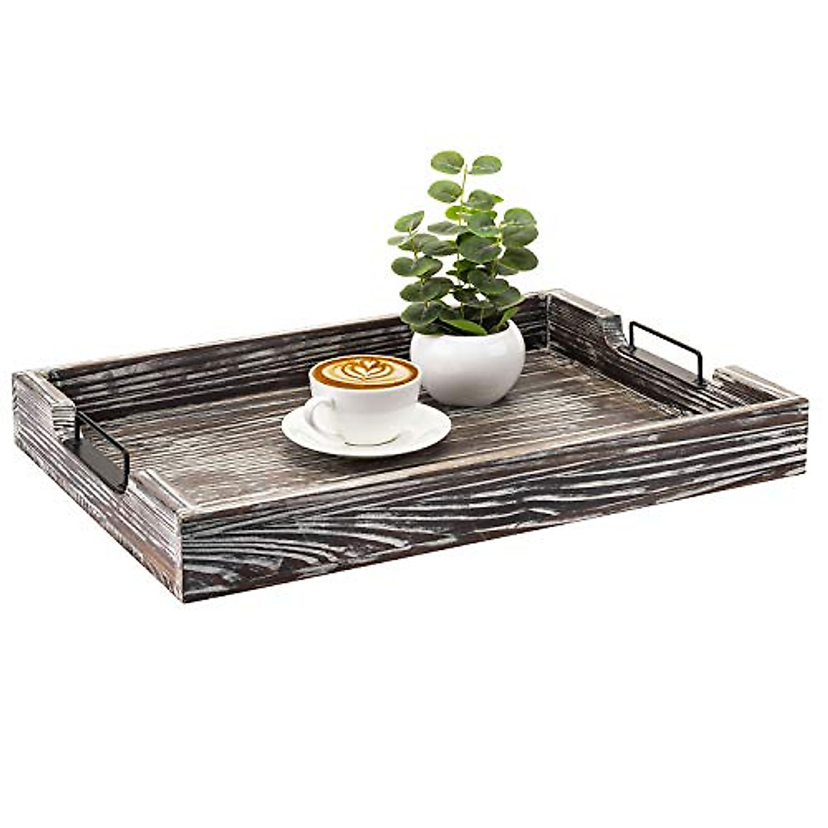 MyGift Torched Wood Large Serving Tray with Handles, 20 x 14 Ottoman Tray, Breakfast, Coffee Server Tray