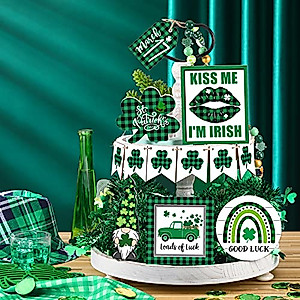 12 Pieces St. Patrick's Day Tiered Tray Decor Buffalo Plaid Table Wooden Sign Decorations Gnome Tabletop Heart Sign Decor for St. Patrick's Day Party Home Kitchen Holiday