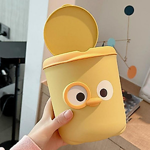 WOOXGEHM Plastic Mini Trash Can with Lid, Cute Cartoon Design, Small Desktop Trash Can for Home/Office/Kitchen/Dresser Desktop/Bedroom/Bathroom(Yellow)