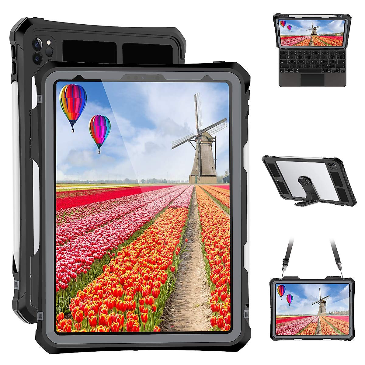 Transy for iPad Pro 11 Case - Black Waterproof Case for iPad Pro 11 Inch 2020 2021 2022 New Clear Full Body Protection Bumper Case Shockproof Dustproof with Ring Stand Strap Built in Pen Holder