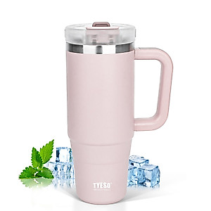 TYESO 30 oz Tumbler with Handle, Straw and Lid - Leak Resistant Insulated Stainless Steel Water Bottle, Car Cup Holder Friendly Travel Coffee Mug Pink - Gifts for Men & Women