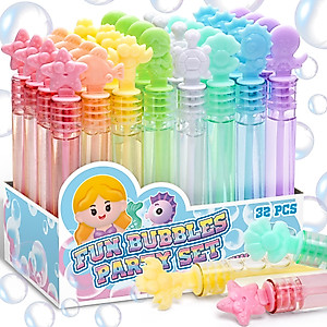 32 Pcs Mermaid Bubbles for Kids with Display Box, 8 Color Mini Pastel Bubble Wand for Mermaid Birthday Decorations, Ocean Party Favors, Goody Bag Stuffer, Under The Sea Animal Gift for Girls Toddlers