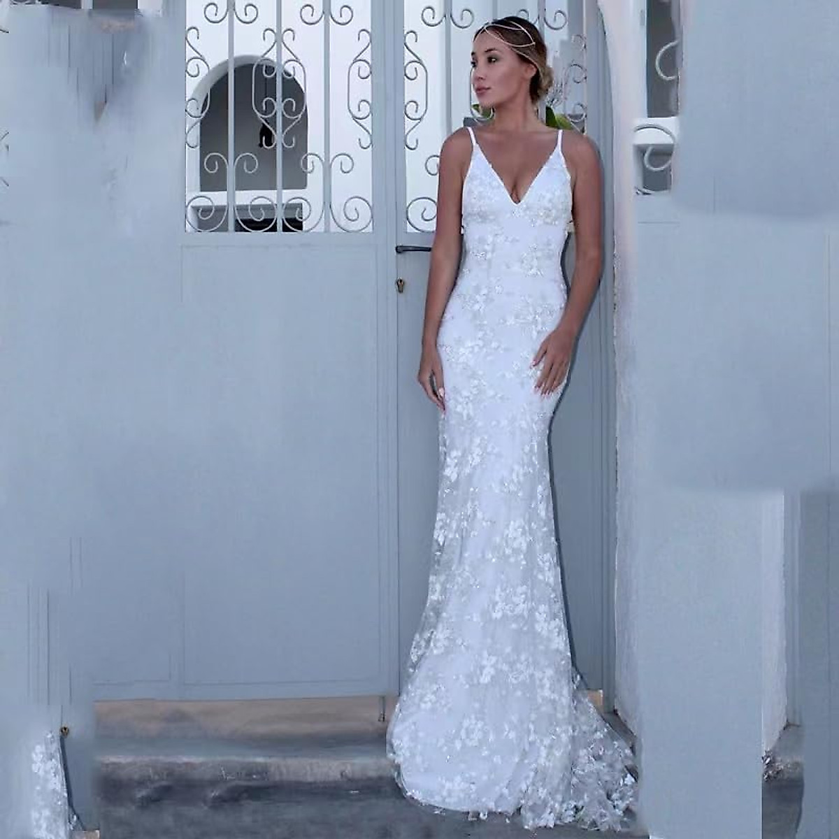 Pefantal Lace Applique Wedding Dresses for Bride Sleeveless Spaghetti Straps Mermaid V Neck Open Back Bodycon Long Bridal Gown (US, Numeric, 6, Regular, Regular, White)