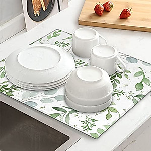 Vodbne Sage Green Leaves Dish Drying Mat XL for Kitchen Counter Microfiber Absorbent Dish Draining Reusable Washable Large 18"x24"