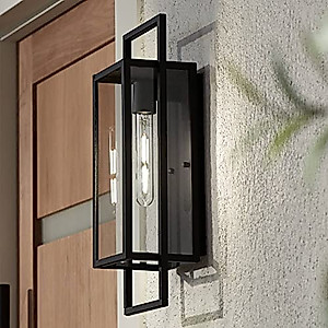 Possini Euro Design Jericho Modern Industrial Outdoor Wall Light Fixture Textured Black Metal 19" Clear Glass Panel for Exterior House Porch Patio Outside Deck Garage Yard Front Door Garden Home