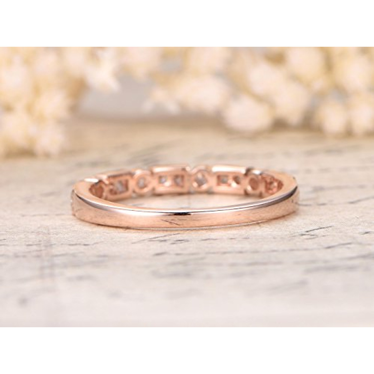 Art Deco Antique Diamond Wedding Ring,14K Rose Gold,Anniversary Ring,Half Eternity,Bezel Set,Stackable