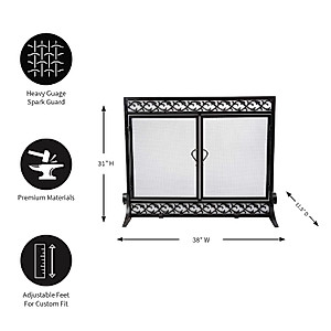 Plow & Hearth Metal Fireplace Screen Scrollwork Black | 38" W x 31½"H | 2 Door | Spark Guard Grate | Fire Place Cover | Wood Burning Stove Accessories