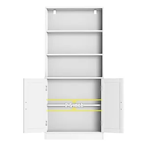 holzart 75" Tall Bookcase with Doors, 5 Tier Large Bookshelf with Cabinet, Standing Wood Display Book Shelf for Living Room, Office, Library with Doors, White