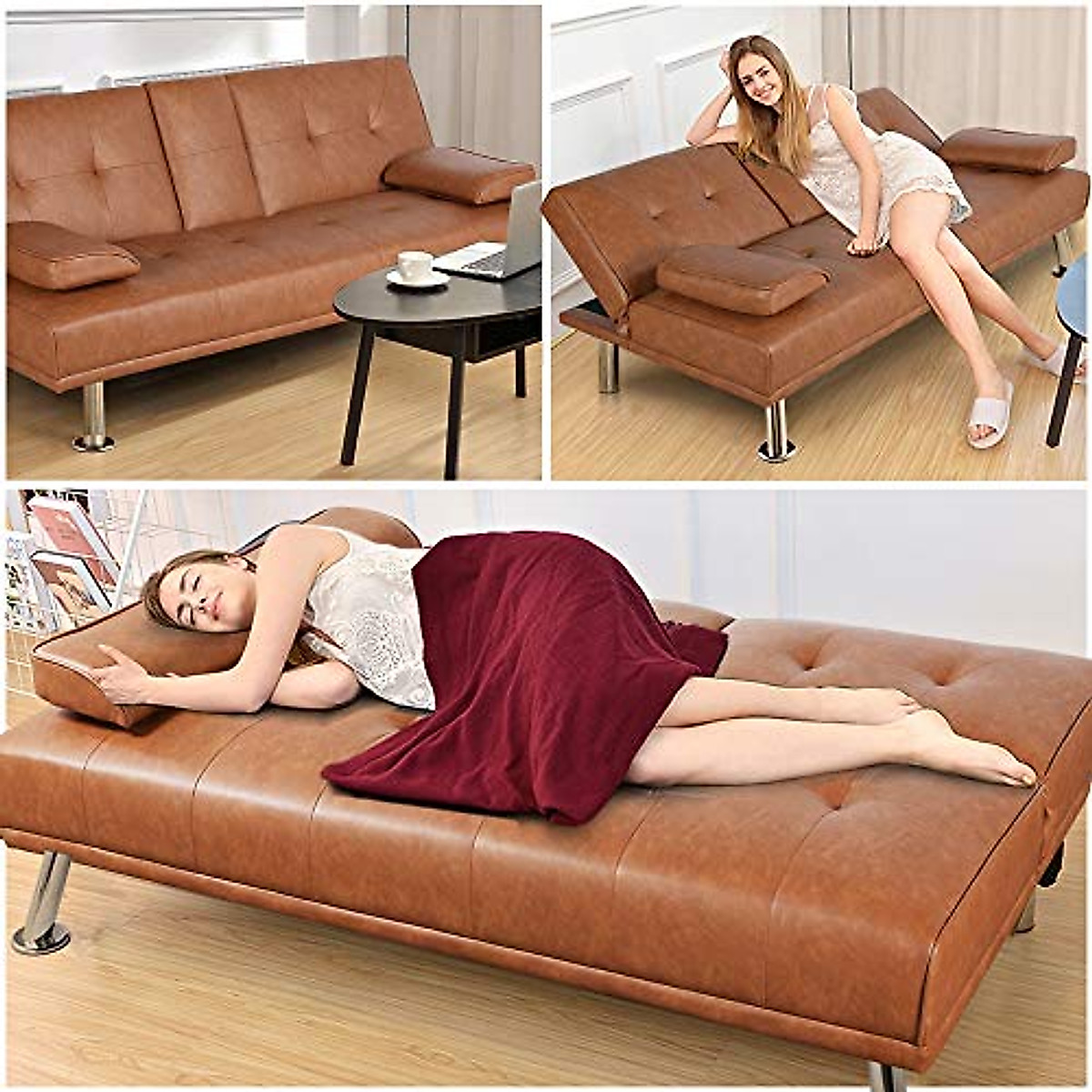 Cyanhope Futon Sofa Bed Convertible Love Seat Faux Leather Sleeper with Folding Down Cup-Holders and Removable Arms, Brown
