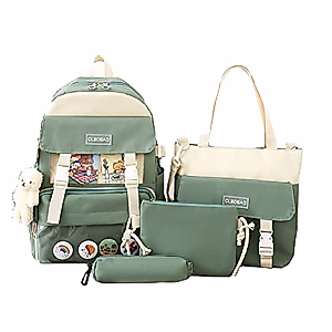 4 PCS Kawaii Backpack with Kawaii Pin and Accessories, with Kawaii Bear Pendant School Bag Sets (Sage Green)