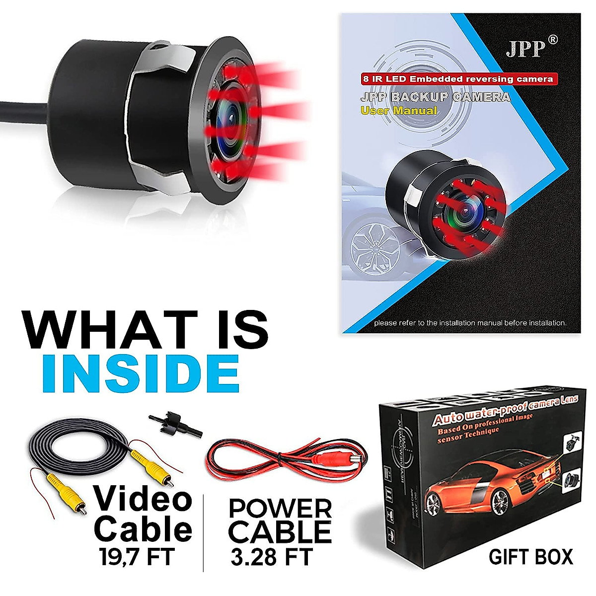 Backup Camera, JPP Embedded Front/Rear View Camera Waterproof Reverse Camera, IR Night Vision Reverse Camera Parking Guide Line & Screen Mirror Image on/Off for Truck, Car, Travel Trailer.