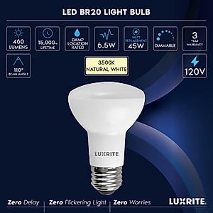 LUXRITE BR20 LED Bulb, 45W Equivalent, 3500K Natural White, Dimmable, 460 Lumens, R20 LED Flood Light Bulb 6.5W, Energy Star, Damp Rated, E26 Base, Perfect for Recessed and Track Lighting (4 Pack)