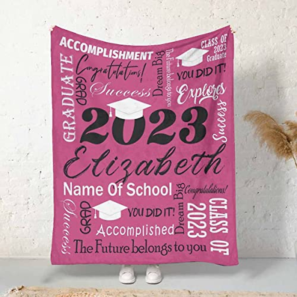 MyPupSocks Custom Graduation Blanket Class of 2023, Congratulations Grad Blanket Personalized Fleece Throw Dark Pink Blanket 2023 for Sister Daughter Granddaughter Bedroom Sofa Birthday Gifts 40x50