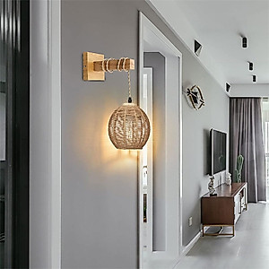 TIGKHAE 2Pcs Bamboo Lantern Wall Sconces Wicker Lamp Cord Hand Woven Rattan Wall Light Lamp Farmhouse Rustic Boho Sconces Wall Lighting for Living Room Bedroom E26