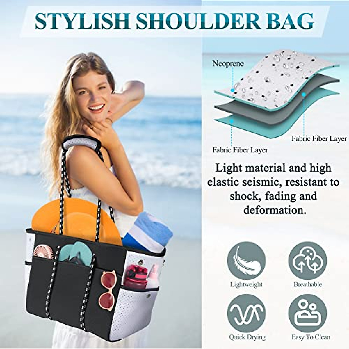NUBILY Beach Bag for Women, Multipurpose Beach Tote Bag 30L Water Resistant Sandproof Neoprene Tote Bags Extra Large Swimming Travel Gym Pool Bag Lightweight Vacation Shoulder Bag