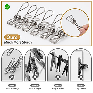 40 Pack Clothes Pins Heavy Duty, 304 Stainless Steel Clothes Pins with Waterproof Bag, Metal Clothespins Assorted Size Include Extra Large, 2.4/2.6/3.4 Inch Laundry Pins for Hanging Clothes Outdoor