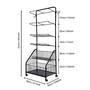 WANLECY 6 Layers Sports Rack for Garage, Rolling Ball Storage Holder on Wheels with Baskets and Hooks for Garage Ball Organize, Black