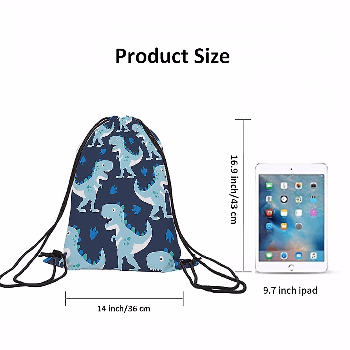 Beabes Blue Dinosaur Print Drawstring Backpack Bag - Dino Little Cute Cartoon Animal Pattern Roar Series Sport Gym Sack Drawstring Bag for Men Women