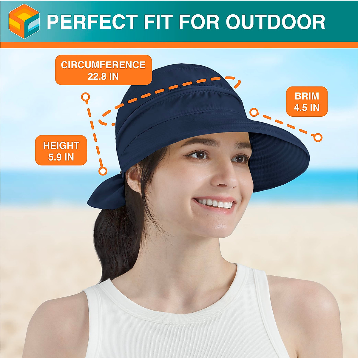 SUN CUBE Women Sun Hat for Outdoor UV Protection, Wide Brim Sun Hat Ponytail, Convertible Zip-Off Beach Hat Visor for Golf Gardening Pool Travel, Foldable Summer UPF50+ Visor Hat, Navy