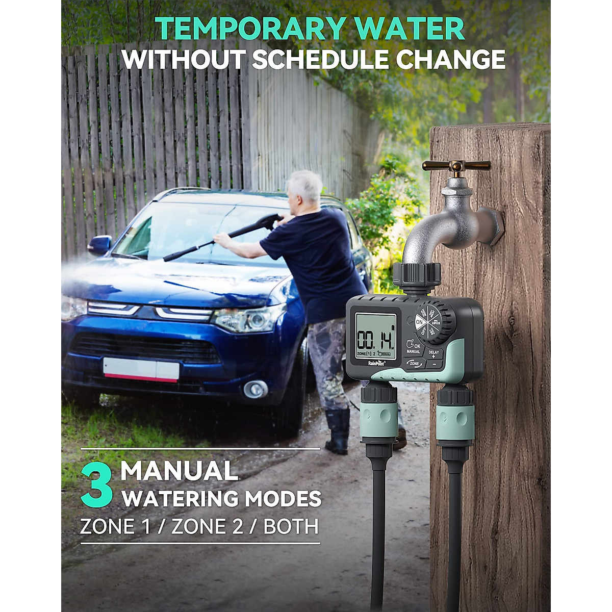 RAINPOINT Water Timer for Garden Hose - 2 Zone Sprinkler Timer with Rain Delay/Manual Watering/Automatic Irrigation Controller System - Water Hose Timer Programmable Faucet Timer for Yard Lawn