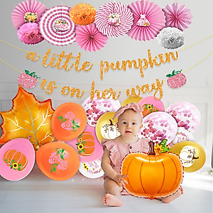 Little Pumpkin Baby Shower Decorations, 38Pcs Pumpkin Baby Shower A Little Pumpkin Is On Her Way Banner, Fall Baby Shower Decorations Girl Maple Leaf Pumpkin Balloons Paper Flower Balls Paper Fans