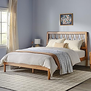 Walker Edison Queen Transitional Geometric X Pattern Headboard Solid Wood Bed, Queen Size, Caramel