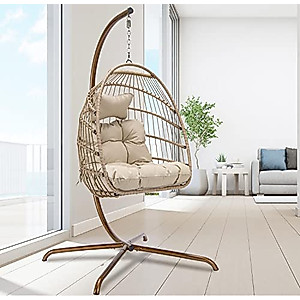 RADIATA Foldable Wicker Rattan Hanging Egg Chair with Stand, Swing Chair with Cushion and Pillow, Lounging Chair for Indoor Outdoor Bedroom Patio Garden (Beige with Stand)